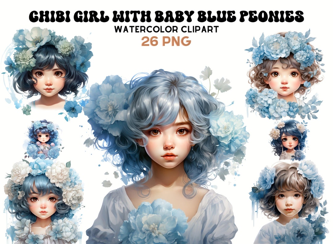 Chibi Girls Blue Peonies, Watercolor Girls, Cute Illustrations, Digital ...