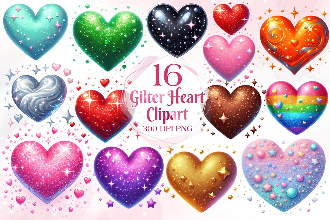 Glitter Hearts Clipart Set - Clip Art Set of Rainbow Hearts, Glitter ...