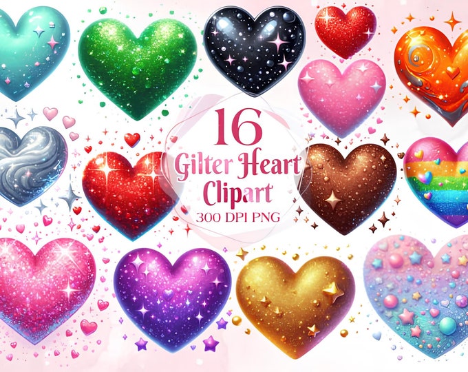 Glitter Hearts Clipart Set - Clip Art Set of Rainbow Hearts, Glitter ...