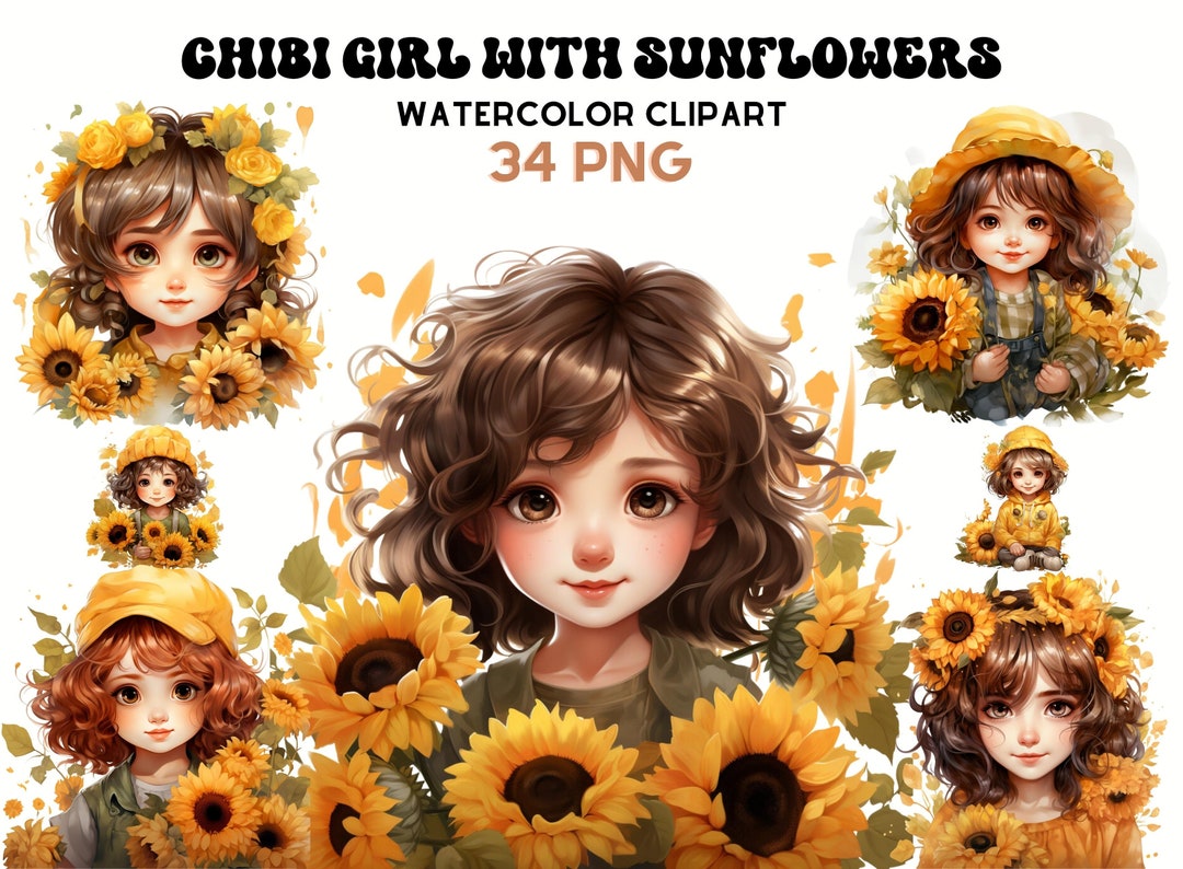 Chibi Girls With Sunflowers, Watercolor Girls, Cute Illustrations ...