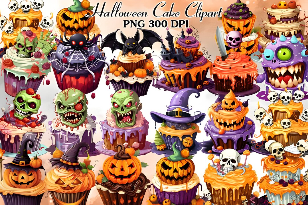 Halloween Cakes Clipart, Watercolor Clipart, Halloween PNG, Spooky ...
