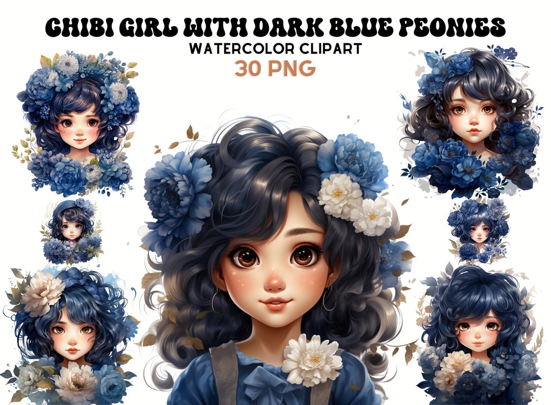 Chibi Girls Dark Blue Peonies, Watercolor Girls, Cute Illustrations ...
