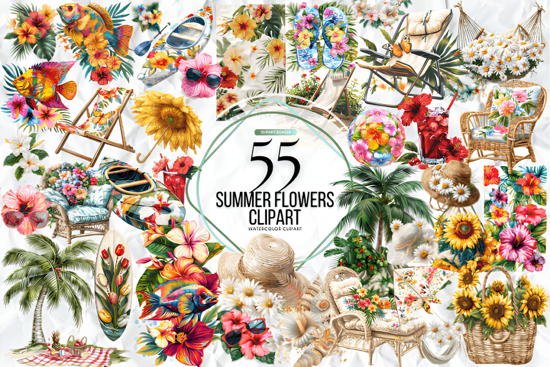 Watercolor Tropical Beach Summer Flowers Clipart Bundle of 55 ...