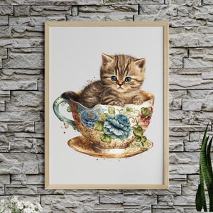Watercolour Vintage Teacup Kittens Clipart - Kawaii Cat PNG Digital ...