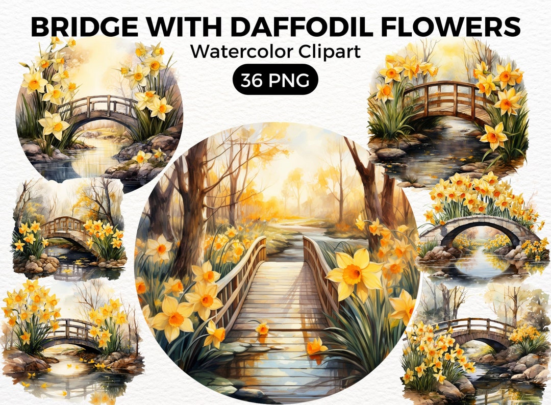 Garden Bridge Daffodil Flowers Clipart, Garden Digital Watercolor ...