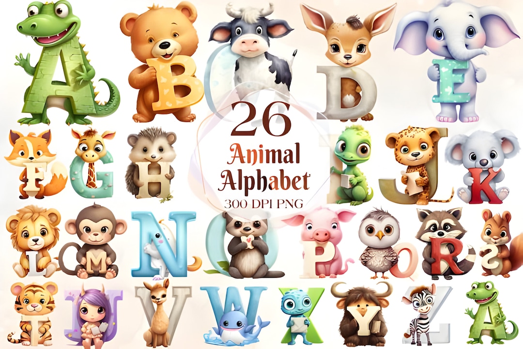 Cute Animal Alphabet Digital Watercolor Clipart, High-resolution ...