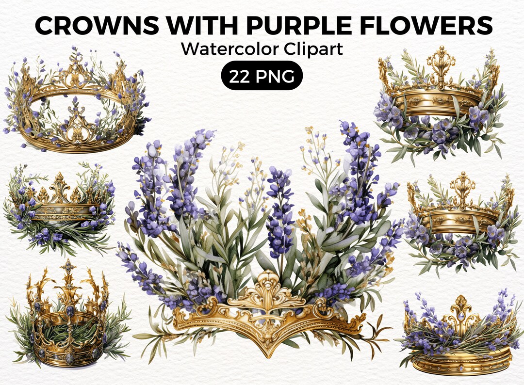 Purple Flowers Crowns Clipart, Watercolor Floral Clipart, Bouquets ...