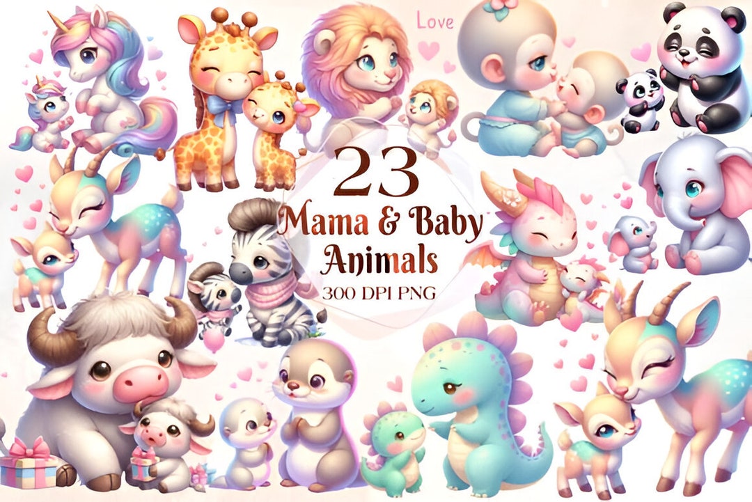 Watercolor Cute Mom and Baby Animals Clipart, Woodland Animal Nursery ...