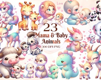 Watercolor Cute Mama and Baby Animals Clipart, Woodland Animal Nursery ...