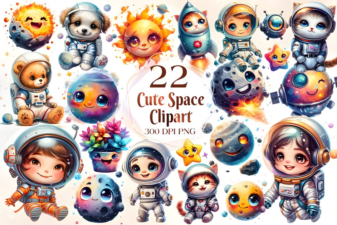 Cute Space Clipart Bundle, Watercolor Clipart, Happy Astronaut ...