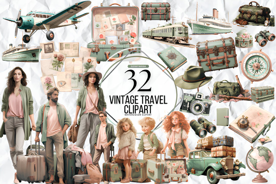 Summer Vintage Travel Clipart | Watercolor Travel Clipart | Summer ...
