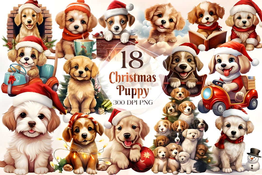 Watercolor Christmas Puppy Clipart, 16 PNG Christmas Puppies Clipart ...