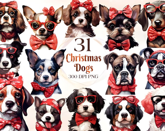 Christmas Dogs Watercolor Clipart Bundle 434 PNG Festive Dog Images ...