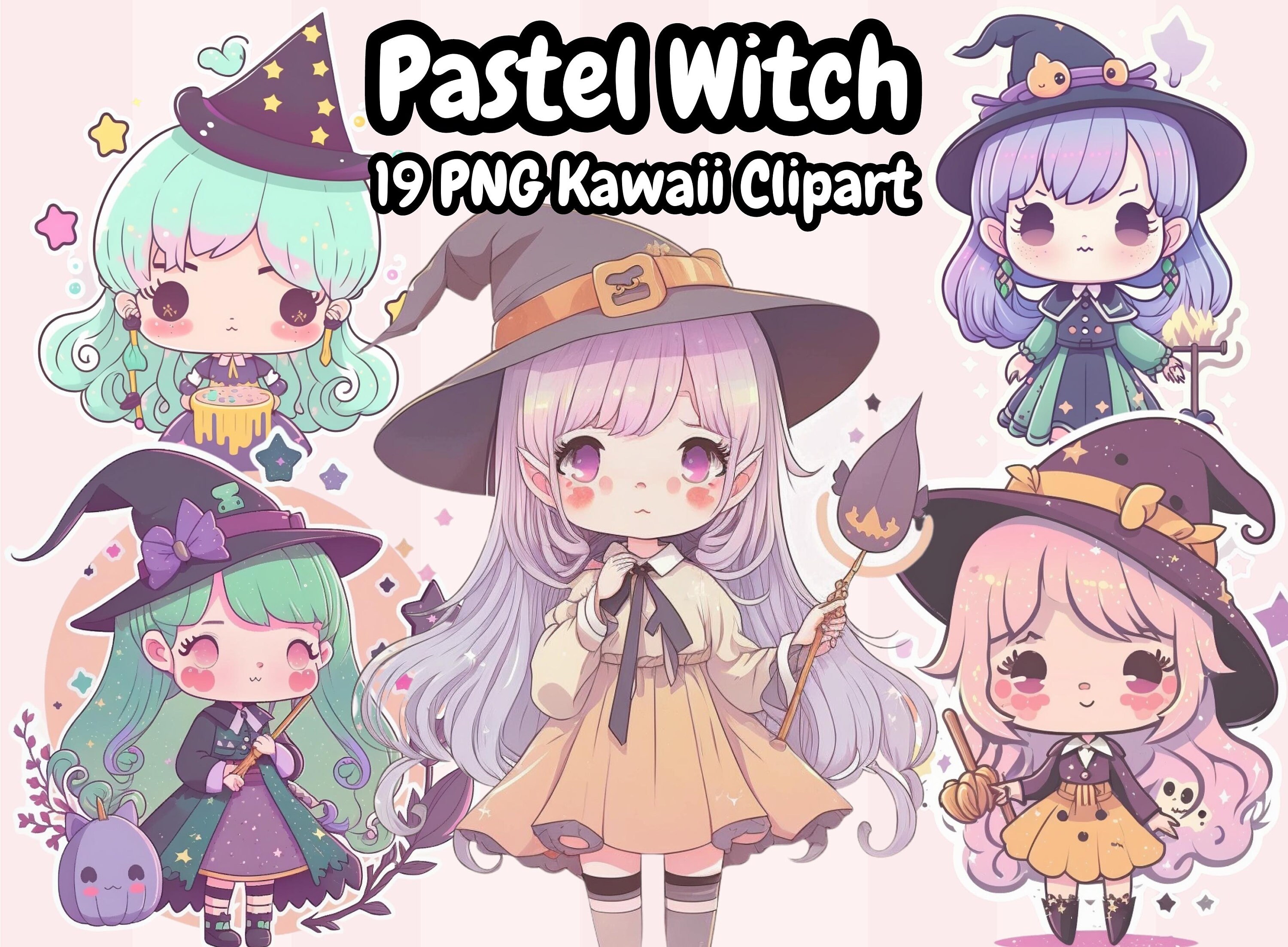 Pastel Witch Kawaii Clipart, Witch Clip Art, Fantasy Magic Clip Art ...