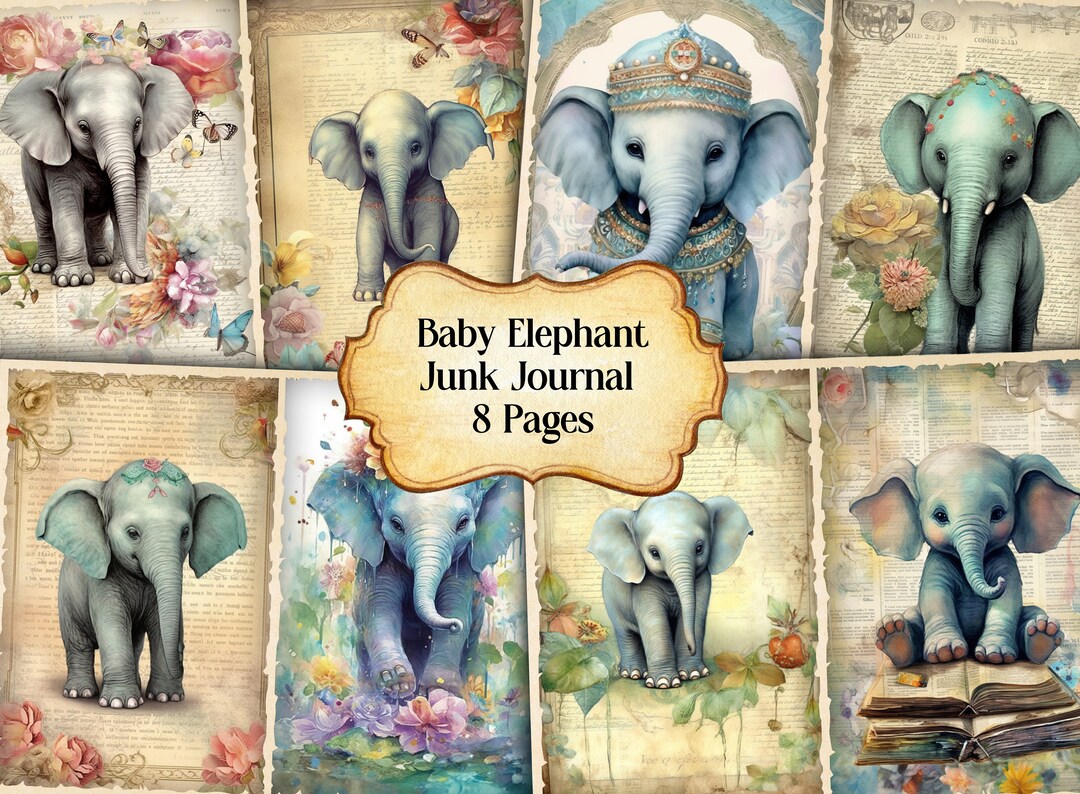 Watercolor Baby Elephant Junk Journal Printable Page, Elephant Junk ...
