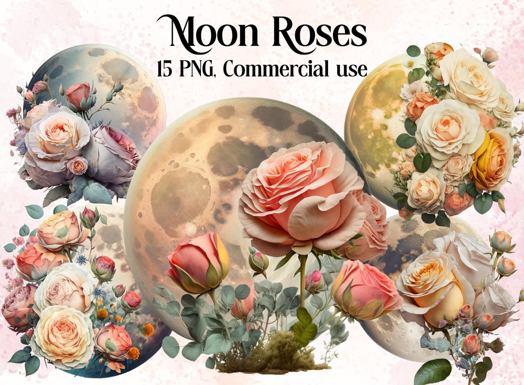 Moon Roses Watercolor Clipart, Mystical Moon Style, Magical Clipart ...