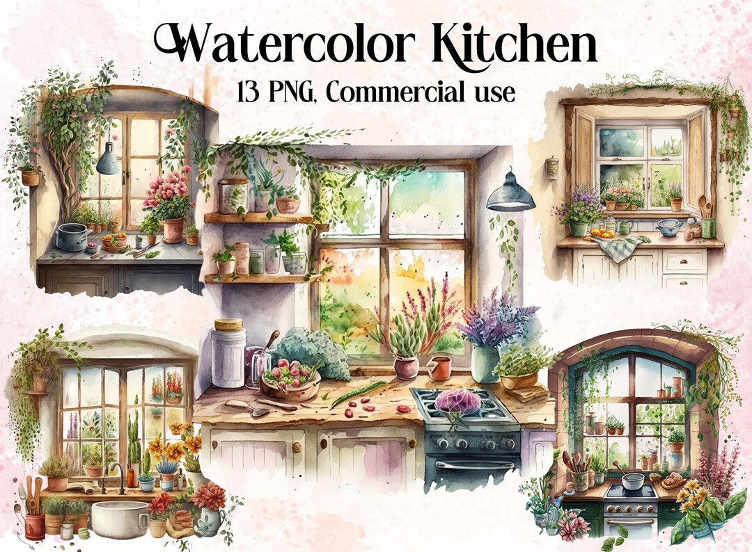 Watercolour Cottagecore Kitchen Clipart Bundle , Cottage Living, Farm ...