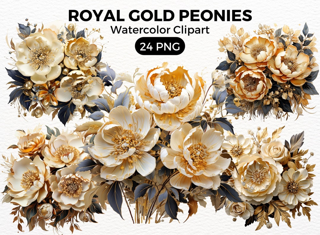 Watercolor Royal Gold Peonies PNG Clipart, Fantasy Floral Clip Art ...