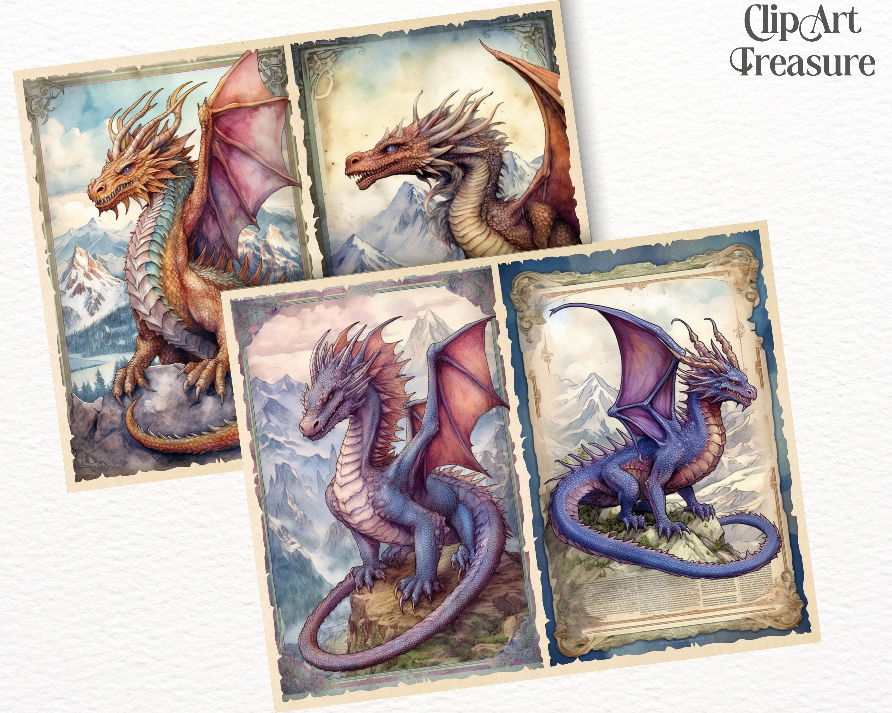 Watercolor Dragons Journal Printable Page, Fantasy Fantasy Dragons Junk ...
