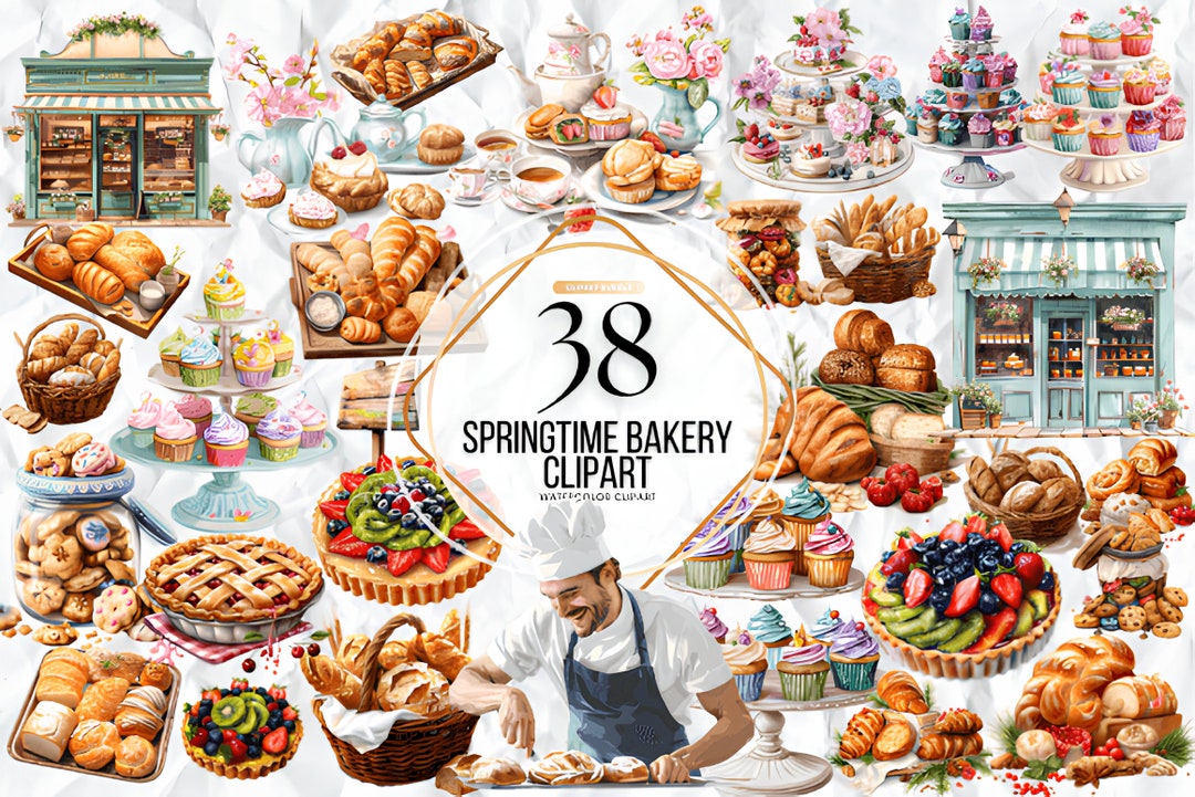 Watercolor Springtime Bakery Clipart, Bread Baguettes French Croissants ...