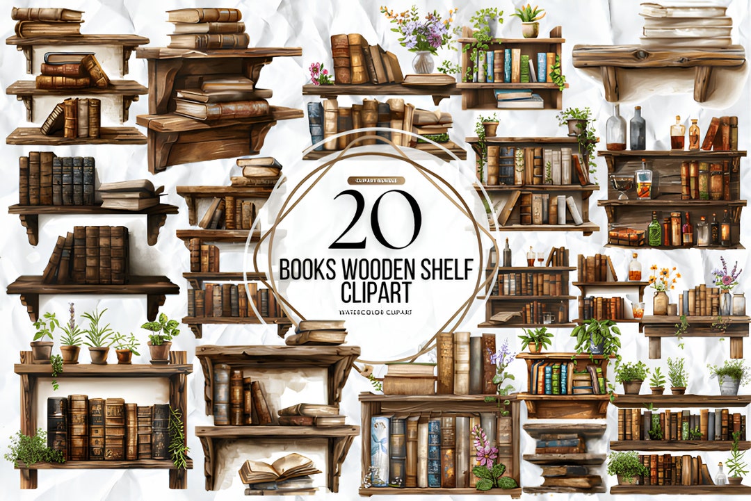 Wooden Bookshelf Clipart, 20 High Quality Jpgs, Nursery Art, Digital ...