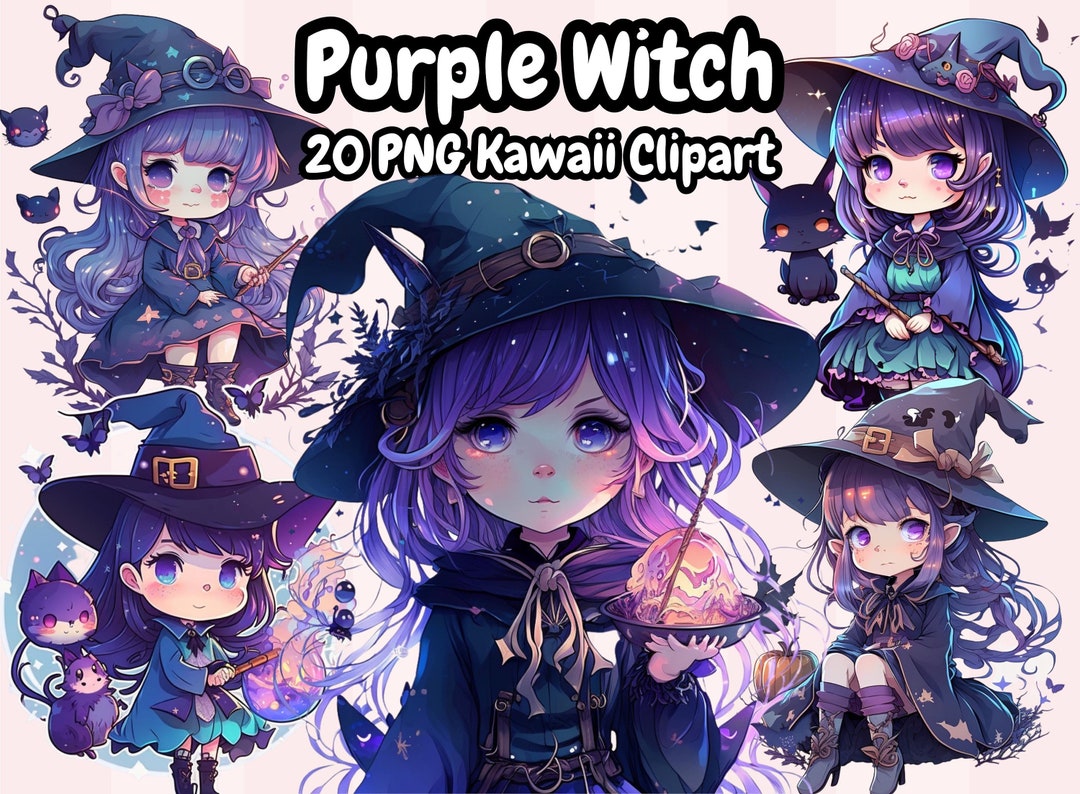 Purple Witch Kawaii Clipart, Witch Lovers Fantasy Magic Clip Art, Mystical Clipart, Witchcraft ...