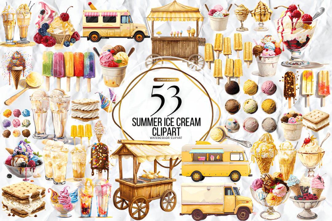 Watercolor Summer Ice Cream Clipart, Ice Cream Truck Clipart, Sundae ...