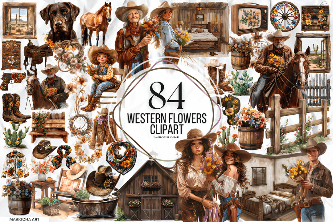 Watercolor Flowers Floral Western Clipart Bundle PNG Format | Western ...
