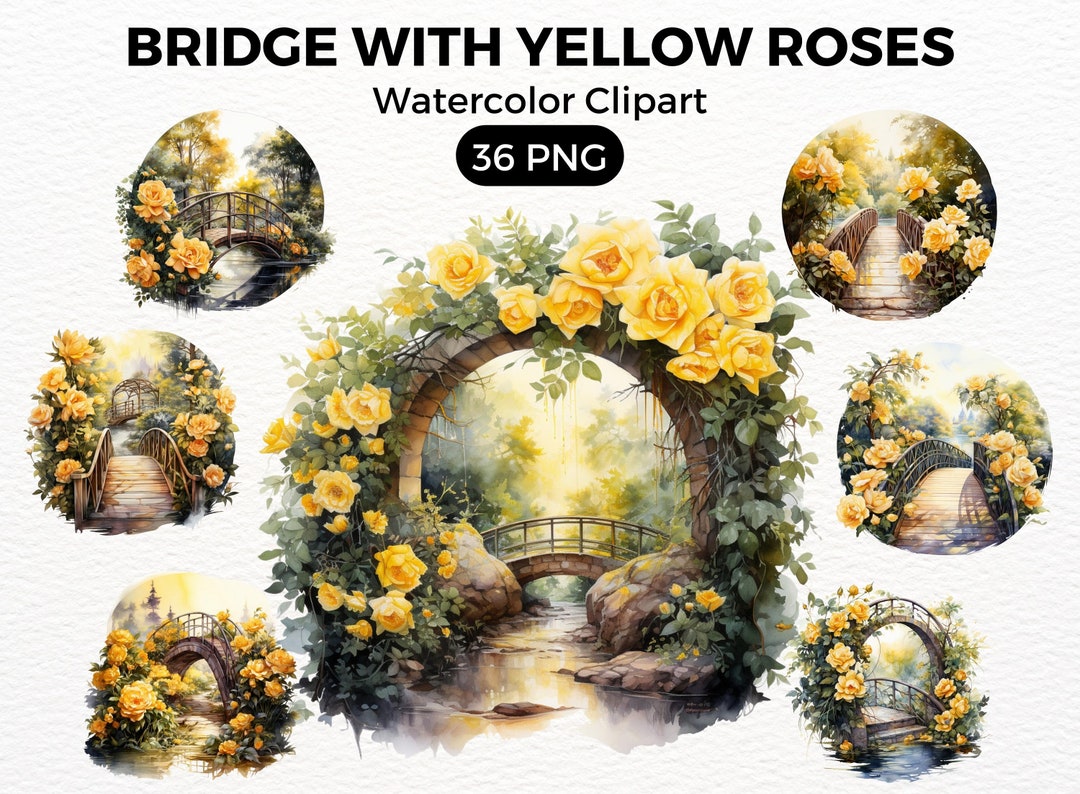 Garden Bridge Yellow Roses Clipart, Garden Clip Art, Digital Watercolor ...