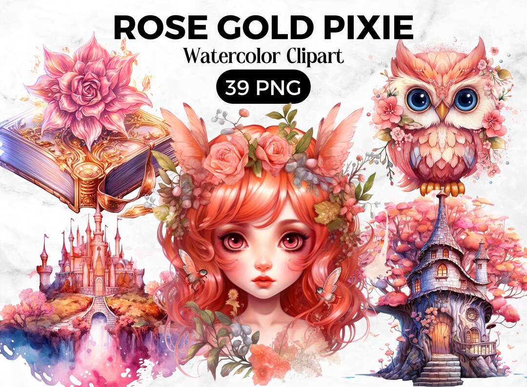 Watercolour Rose Gold Pixie Clipart - Princess Fantasy PNG Digital ...