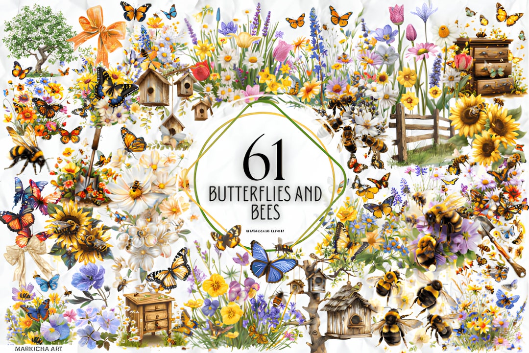 Butterflies and Bees Clipart, Spring Clipart, Watercolor Bees, Bee Clip ...
