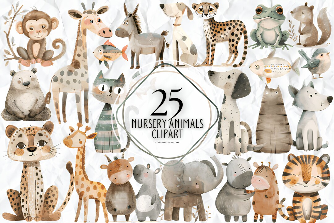 Watercolor Nursery Animal Clipart Bundle for Baby Shower Invite - Cute ...
