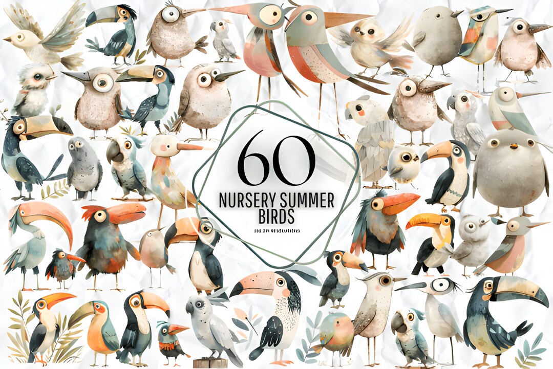 Nursery Summer Birds Clipart - Funny Birds, Cute Fluffy Birds, Clipart ...
