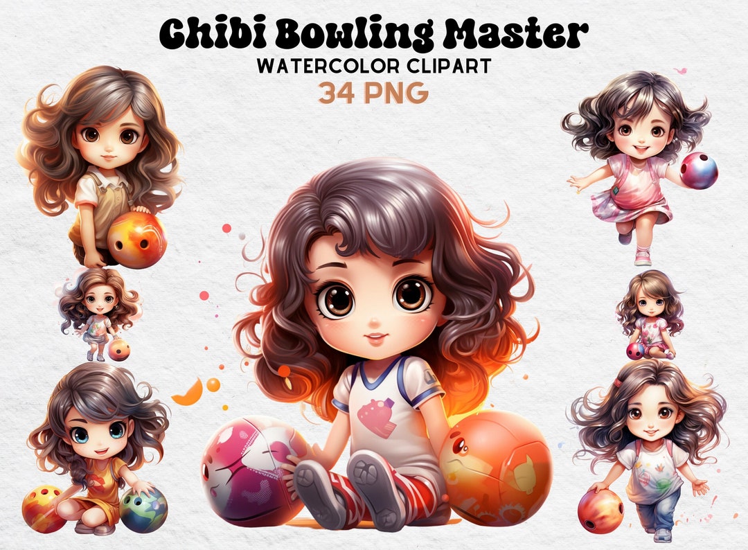 Cute Chibi Bowling Girls, Watercolor Girls, Cute Illustrations, Digital ...