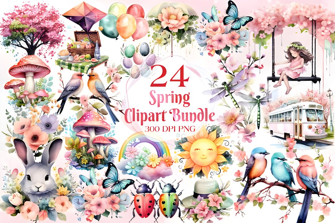 Watercolor Happy Spring Clipart Bundle, Spring Clipart, Spring Animal ...