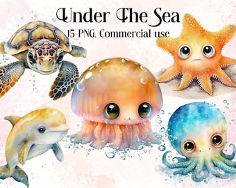 Fish Clipart, Watercolor Fish Under the Sea Clip Art, Dolphin Clipart ...