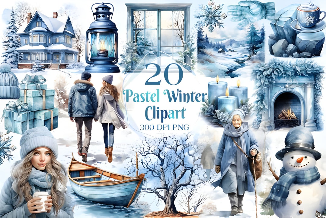 Watercolor Pastel Blue Winter Clipart Bundle, Cozy Winter PNG, Winter ...
