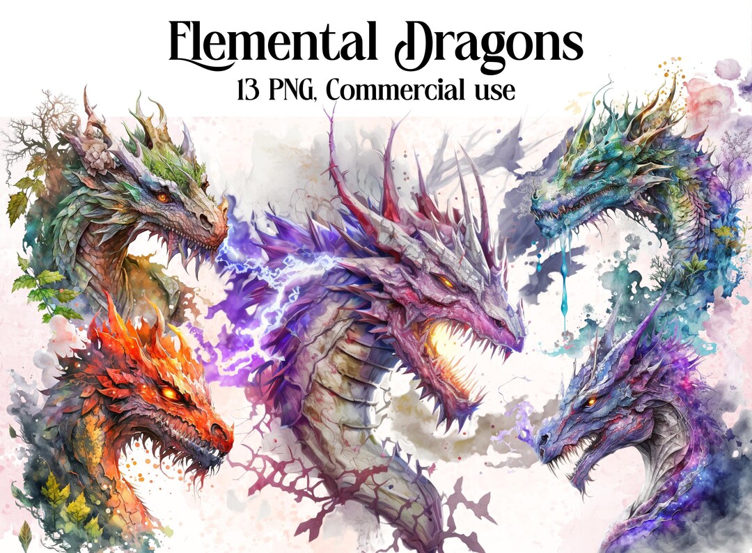 Elemental Dragons Clipart, PNG, Full Commercial Use, Fantasy Clipart, Watercolor Dragon Clipart ...