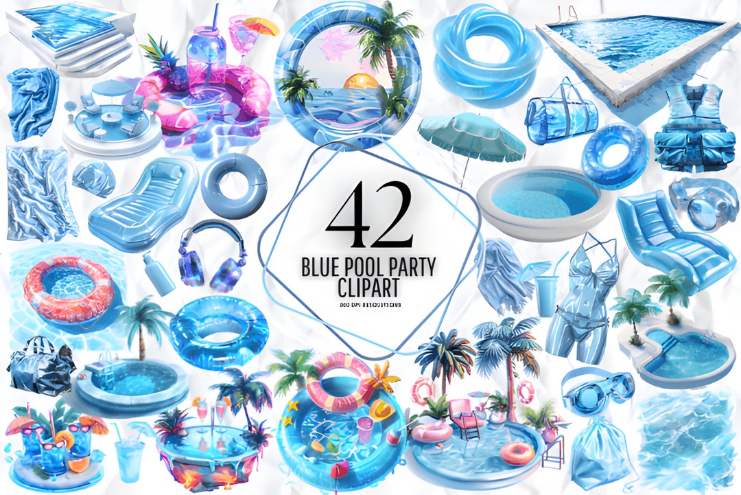 Blue Pool Party Clipart - Watercolor Pool Party Clipart / Summer ...