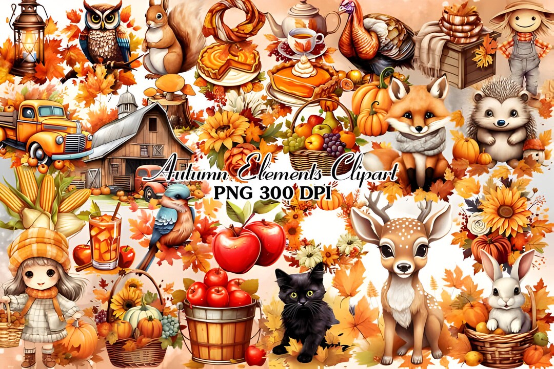 Watercolor Autumn Elements Clipart Bundle, PNG Watercolor Autumn ...