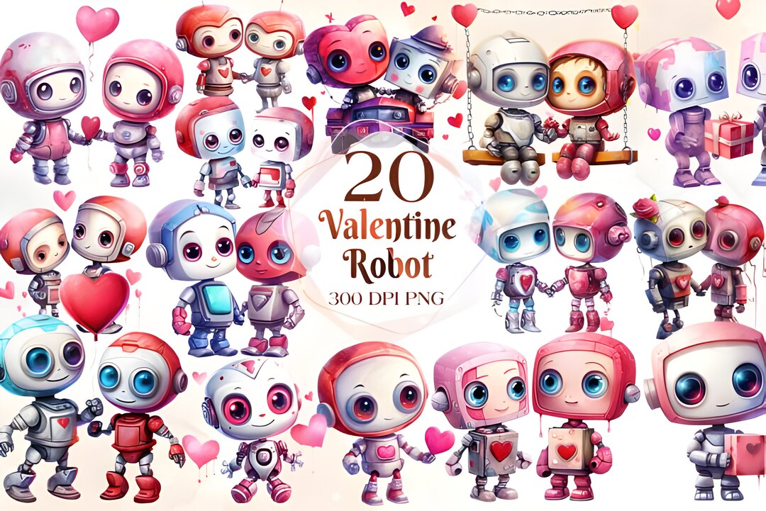 20 Watercolor Valentines Robot Clipart Png,valentines Robots High ...