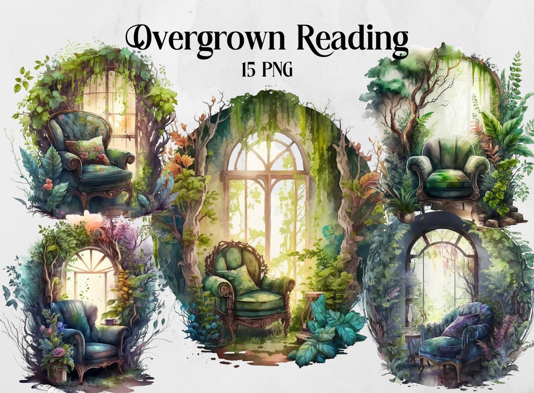 Watercolour Overgrown Bookworm Cozy Reading Corner Clipart Bundle ...