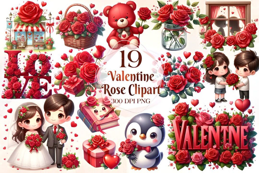 Cute Valentines Roses Clipart Bundle, Valentines Kawaii Clipart ...