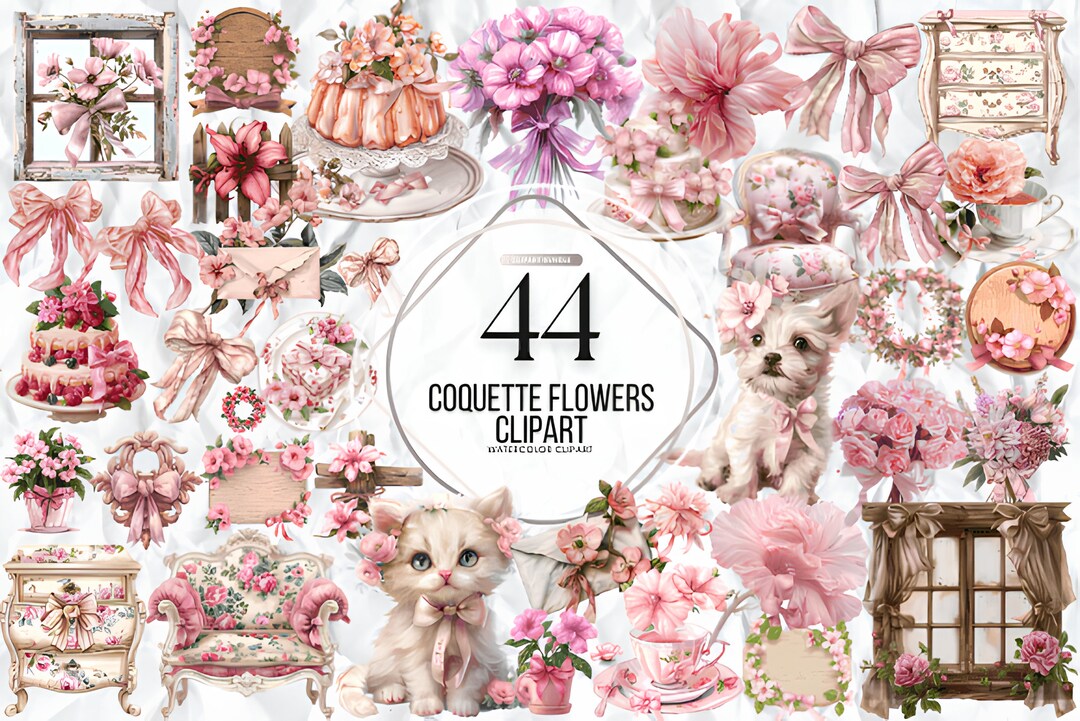 Coquette Flowers Watercolor Clipart PNG Bundle , Big Bundle Vintage ...