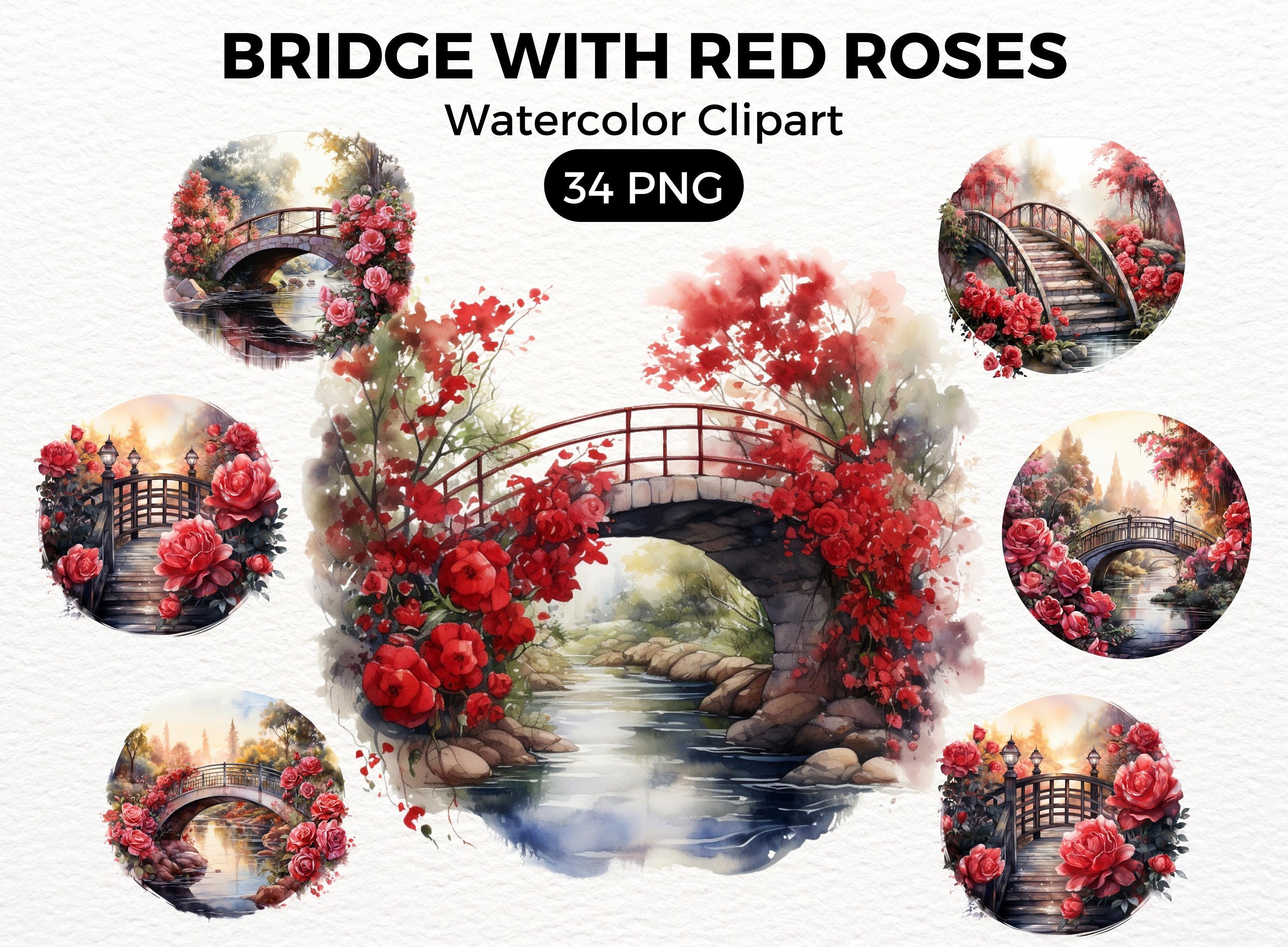 Garden Bridge Red Roses Clipart, Garden Clip Art, Digital Watercolor ...