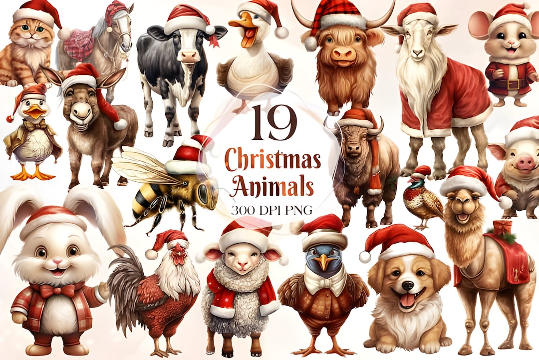 Christmas Farm Animals Clipart Bundle PNG Watercolor Watercolor ...