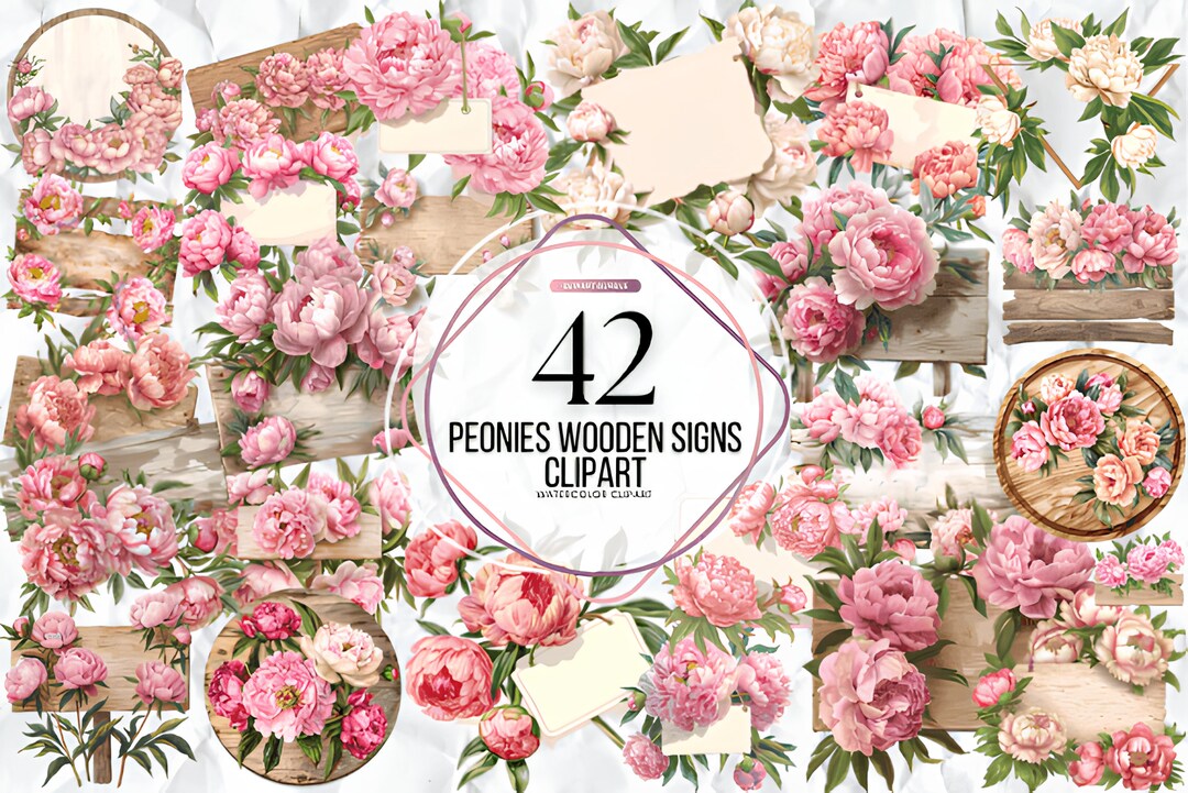 Watercolor Floral Peonies Wooden Sign Clipart Bundle, Digital Download ...