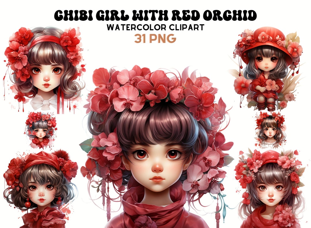 Chibi Girls Red Orchid Flowers, Watercolor Girls, Cute Illustrations ...