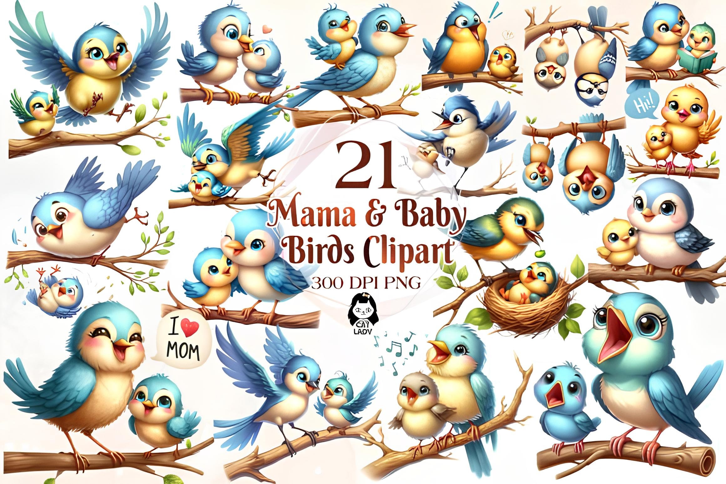 Watercolor Cute Mama and Baby Birds Clipart, Woodland Animal Nursery ...