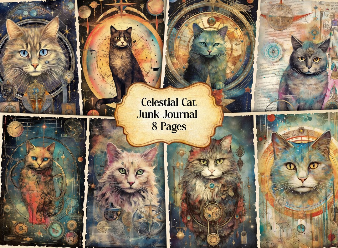 Watercolor Celestial Cat Junk Journal Printable Page, Cosmic Cat Junk ...